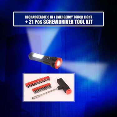 Rechargeable 6 in 1 Emergency Torch Light + 21 pcs Screwdriver Tool Ki ...